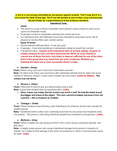 Tort S Outline A Tort Is A Civil Wrong Committed By One Person Against Another The P Sues The