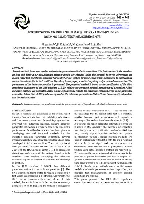 Pdf Identification Of Induction Machine Parameters Using Only No Load
