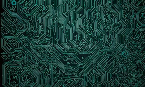 Close Up View Complex Green Circuit Board Featuring Intricate Patterns And Lines With Dark