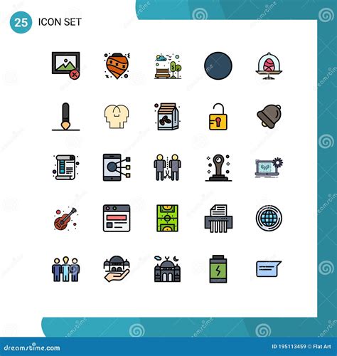 Pictogram Set Of 25 Simple Filled Line Flat Colors Of Easter Egg Bench Disk Circle Stock
