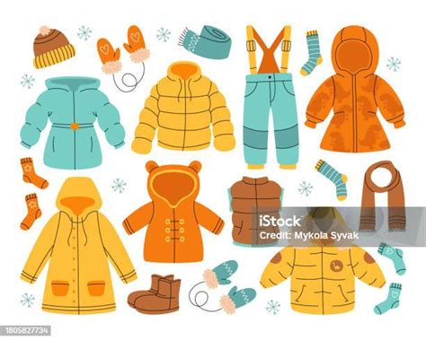 겨울 따뜻한 아이 착실히 보내고 코트 재킷 조끼 스카프 모자 옷 야외 산책 격리 세트 장갑에 대한 스톡 벡터 아트 및 기타 이미지 Istock