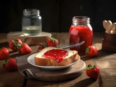 Toast With Strawberry Jam For Breakfast On Wooden Table Generative Ai Stock Illustration