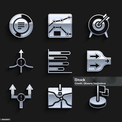 Set Pie Chart Infographic Intersection Point Flag Arrow Target And Icon