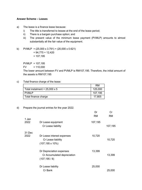 Answer Scheme For Tutorial Questions Leases Pdf Lease Expense
