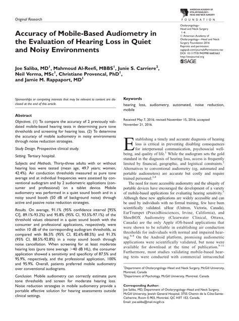 Pdf Accuracy Of Mobile Based Audiometry In The Evaluation Of Hearing Loss In Quiet And Noisy
