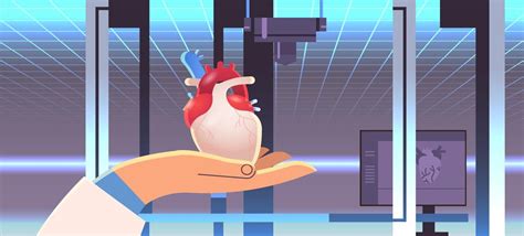 인간 이식 장기의 3d 바이오 프린터 의료 인쇄에 인쇄된 심장 모델을 들고 연구원 손 프리미엄 벡터