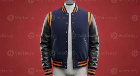 Navy And Orange Varsity Jacket With Leather Sleeves On Red Background