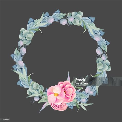 수채화 녹색 잎 열매와 가지 장식 핑크 브라이어 꽃과 모란 어두운 배경에 그려진 손화환 검은색에 대한 스톡 벡터 아트 및 기타 이미지 Istock