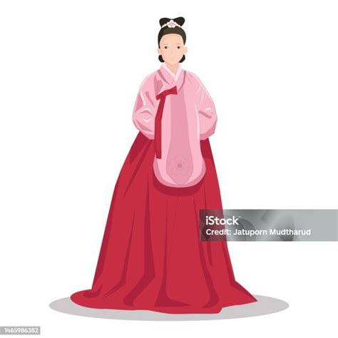 한국 여성 한복 아이콘 아름 다운 아가씨 스케치 클래식 디자인 만화 캐릭터 개요 교육에 대한 스톡 벡터 아트 및 기타 이미지
