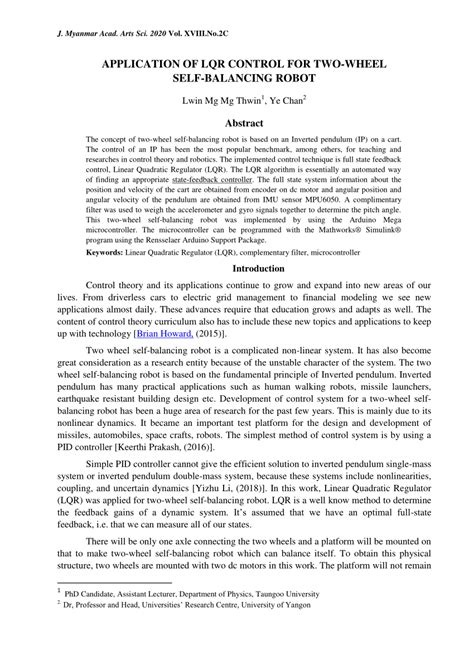 Pdf Application Of Lqr Control For Two Wheel Self Balancing Robot