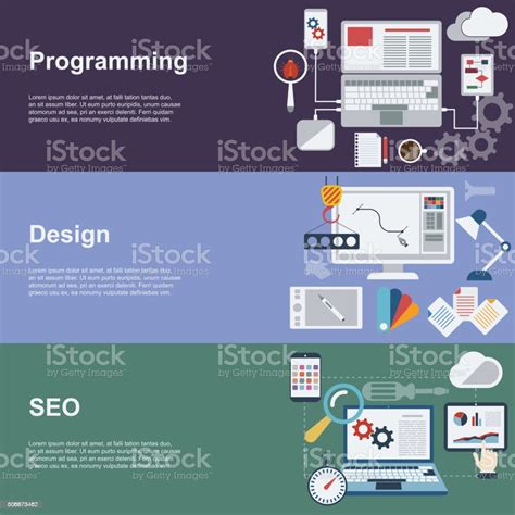 web development banner set with coding seo and design elements stock illustration download