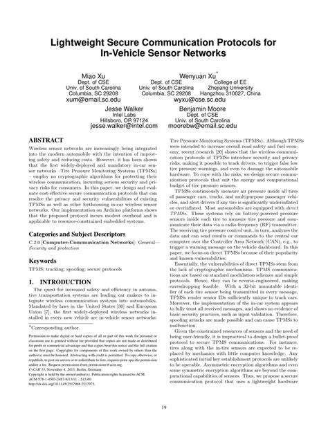 Pdf Lightweight Secure Communication Protocols For In Vehicle Sensor Networks