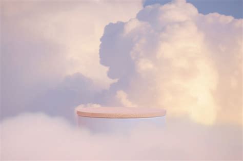 빈 공간이 있는 푸른 하늘 분홍색 구름 야외에서 최소한의 연단 탁상 아름다움 화장품 제품 배치 받침대 선물 프로모션 최소한의 디스플레이 여름 낙원 꿈꾸는 개념 0명에 대한