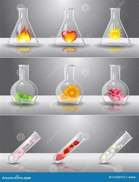Laboratory Flasks With Different Things Inside Stock Vector Illustration Of Innovation Heart