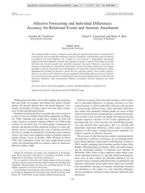 Pdf Affective Forecasting And Individual Differences Accuracy For Relational Events And
