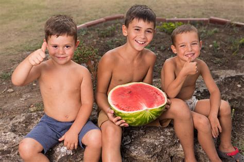 세 행복한 아이들은 컷 수박과 미소와 함께 야외에 앉아 두 아이는 긍정적 인 제스처를 보여줍니다 건강한 생활방식에 대한 스톡 사진 및 기타 이미지 Istock