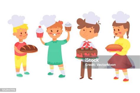 아이들은 빵 유용한 취미 세트 벡터 일러스트를 굽습니다 캐릭터 소년 요리 모자를 쓴 소녀들은 요리와 빵을 들고 있습니다 그릇에 대한 스톡 벡터 아트 및 기타 이미지 Istock