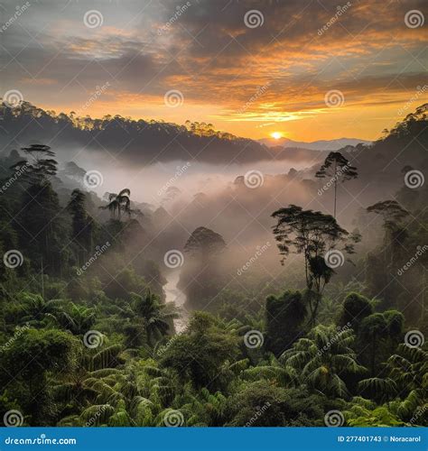 Sunrise In Jungle Rainforest View Through Tropical Palm Tree Plants And Lush Fern Foliage