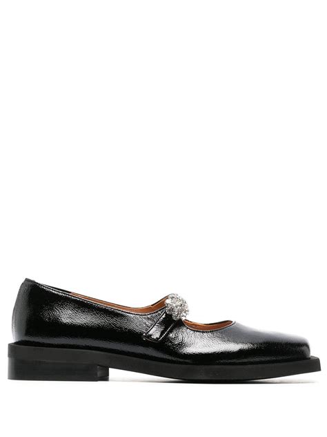 Ganni Crystal Embellished Mary Jane Ballet Pumps Black Editorialist