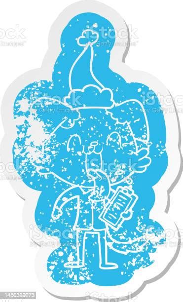 산타 모자를 쓰고 클립보드를 가진 헐떡이는 강아지의 기발한 만화 고민 스티커 개에 대한 스톡 벡터 아트 및 기타 이미지 개 귀여운 그런지 이미지 기법 Istock