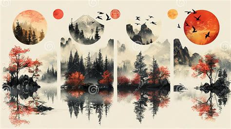 A Set Of Geometric Modern Graphic Elements Asian Icons And Symbols With Japanese Patterns Stock