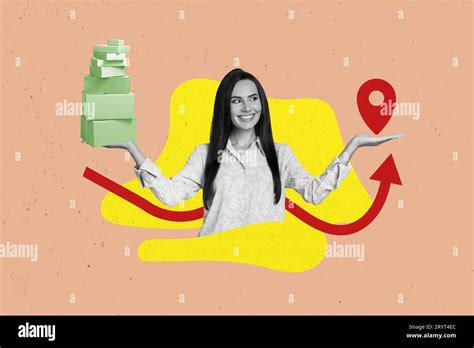 Collage Image Of Positive Black White Effect Girl Arms Hold Pile Stack Boxes Location Mark Arrow