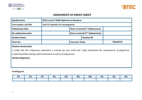 Final 570 Btec Level 5 Hnd Diploma In Business Assignment 02 Front Sheet Qualification Btec