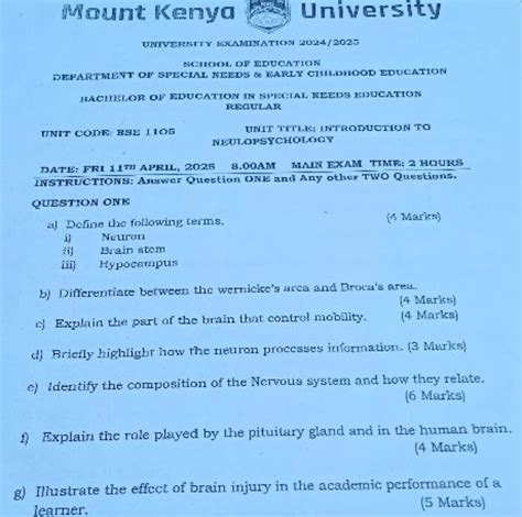 Question One A Define The Following Terms I Neuron Ii Brain St