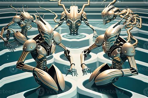 Group Of Robots Performing A Synchronized Swimming Illustration