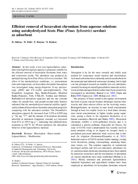 Pdf Hexavalent Chromium Removal With Pine Sawdust
