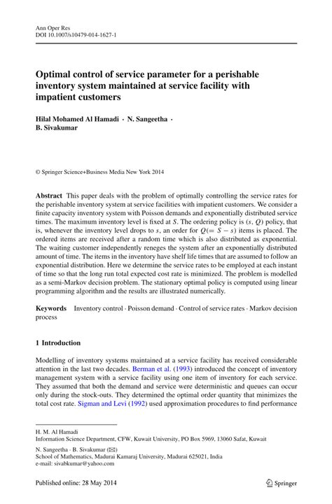 Pdf Optimal Control Of Service Parameter For A Perishable Inventory System Maintained At