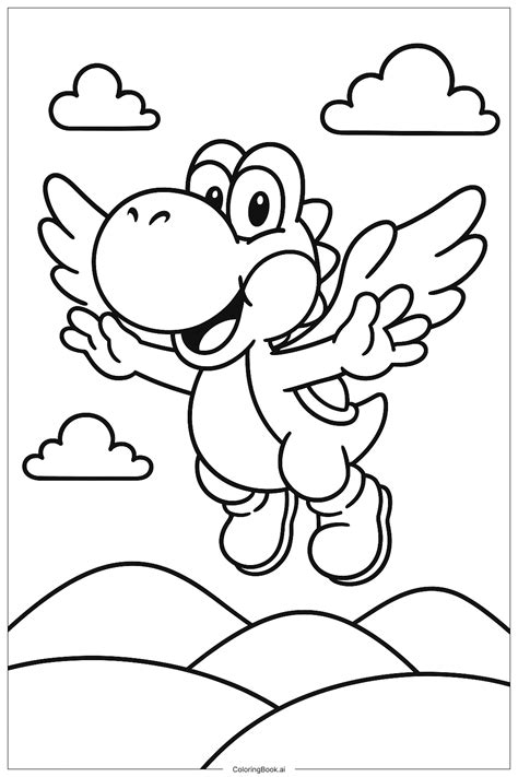 날개를 가진 요시가 언덕 위를 나는 모습 색칠하기 페이지 무료 Pdfandpng 인쇄 가능