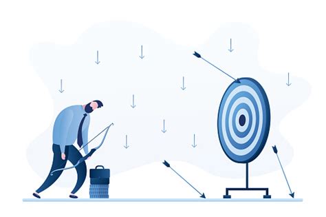 양궁과 사업가 패자 대상 화살표 주위에 충돌하지 않습니다 활과 화살로 대상을 조준하는 슬픈 남성 캐릭터 개념에 대한 스톡 벡터