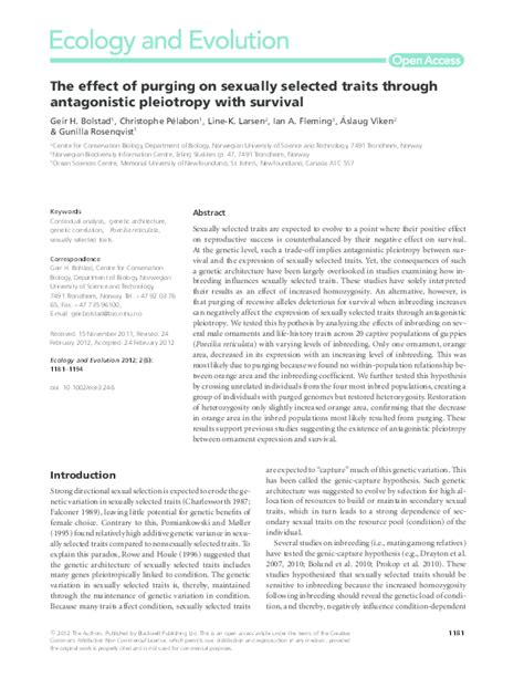 Pdf The Effect Of Purging On Sexually Selected Traits Through Antagonistic Pleiotropy With