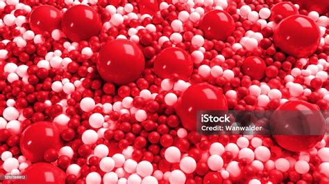 다른 크기의 아름다운 빛나는 빨간색 흰색 공은 완전히 표면을 커버합니다 일부 구는 빛납니다 반짝이는 공의 3d 사실적인 렌더링 기하학적 재작성 휴가 배경 3차원 형태에 대한