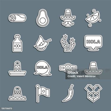 세트 라인 판초 멕시코 솜브레로 안녕 남자 뜨거운 칠리 페퍼 포드 데킬라 병 부리토와 선인장 아이콘 벡터 0명에 대한 스톡 벡터 아트 및 기타 이미지 Istock