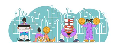 디지털 화폐 자산과의 상호 작용을 관리하는 개념입니다 사람들은 암호화 자산과 상호 작용합니다 경영자에 대한 스톡 벡터 아트 및