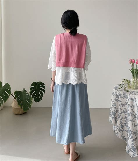 네츄럴모모 플레어 데님 밴딩 롱스커트2c