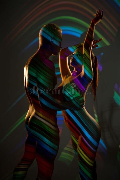 Naked Couple In Dark Studio With Neon Illumination Stock Image Image Of Intimate Model
