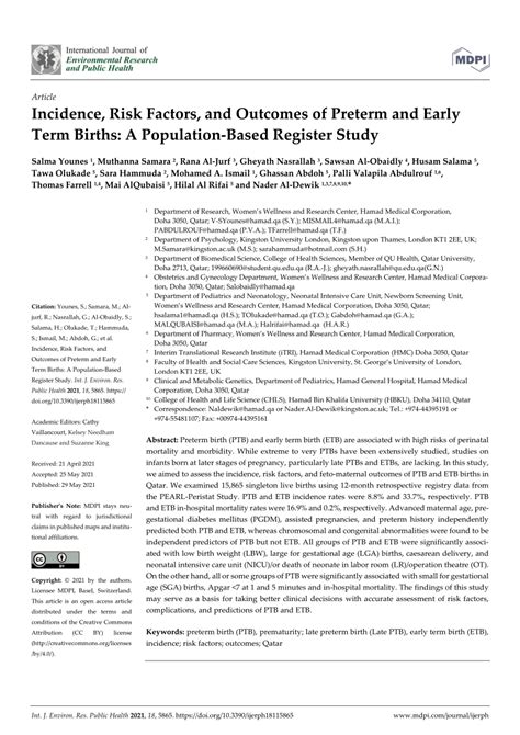 Pdf Incidence Risk Factors And Outcomes Of Preterm And Early Term Births A Population Based