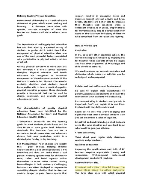 Defining Quality Physical Education Pdf Physical Education Curriculum