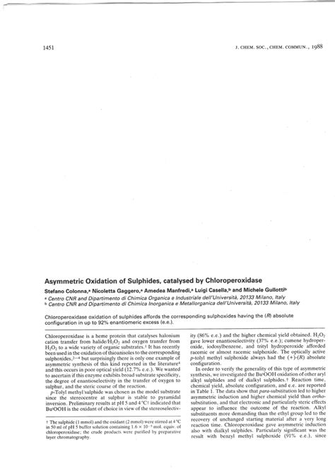Pdf Asymmetric Oxidation Of Sulfides Catalyzed By Chloroperoxidase