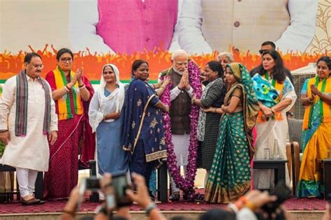 In Pics Pm Narendra Modi Receives Warm Welcome From Bjp Women Workers