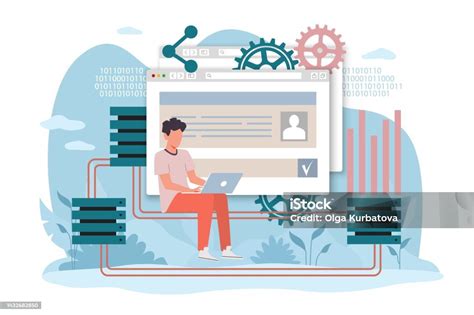 데이터베이스 하드웨어 호스팅 파일 저장을위한 디스크 공간 공유 노트북 백업 디스크를 가진 프로그래머 클라우드 기술 컴퓨팅 인프라 벡터 만화 플랫 고립 된 개념 건설 플랫폼에