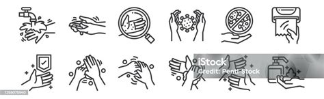 선형 세척 손 아이콘 12 세트 세탁손 세탁손 세탁손 바이러스 바이러스 웹 모바일 등의 얇은 윤곽선 아이콘 건강관리와 의술에 대한 스톡 벡터 아트 및 기타 이미지 Istock