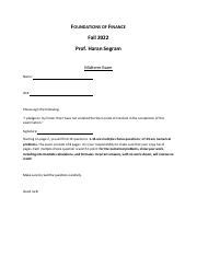 Microsoft Word Midterm Fall 2022 Wed Pdf FOUNDATIONS OF FINANCE Fall 2022 Prof Haran Segram