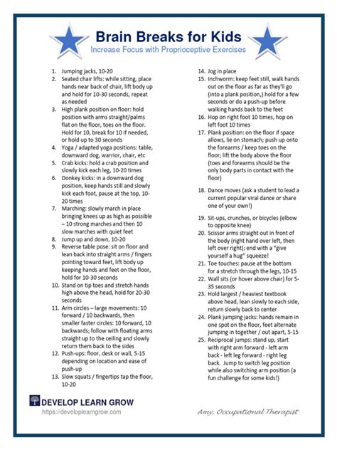 25 Brain Breaks Proprioceptive Input Printable Pdf Physical Exercise