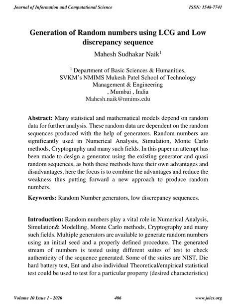 Pdf Generation Of Random Numbers Using Lcg And Low Discrepancy Sequence