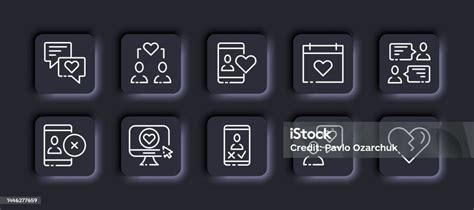 데이트 앱 설정 아이콘입니다 심장 사랑 감정 문자 메시지 커플 날짜 전화 메시지 웹 사이트 십자가 컴퓨터 승인 거부 진드기 깨진 관계 개념입니다 신형성 스타일 벡터 선