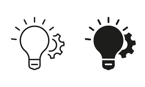 기술 혁신 전구 톱니바퀴 픽토그램 창의력 솔루션 라인과 실루엣 아이콘 세트의 힘 전구 및 기어 아이디어 컨셉 블랙 심볼 컬렉션